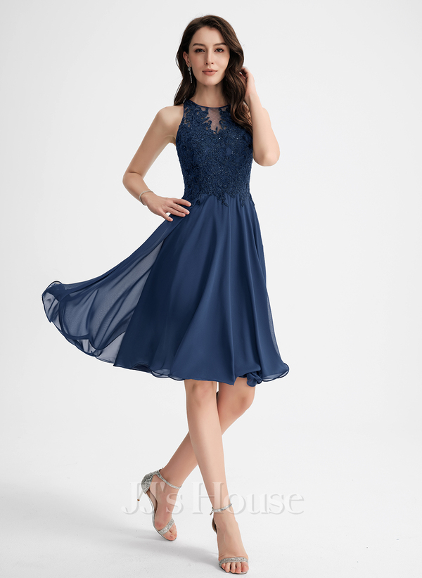 A-Line Scoop Knee-Length Chiffon Lace Homecoming Dress With Beading ...
