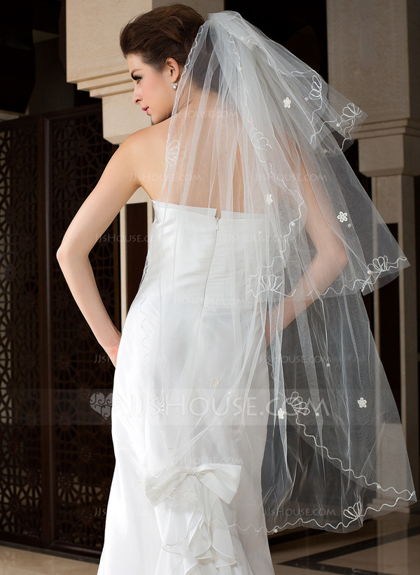 Three-tier Fingertip Bridal Veils With Cut Edge (006036614) - JJ's House