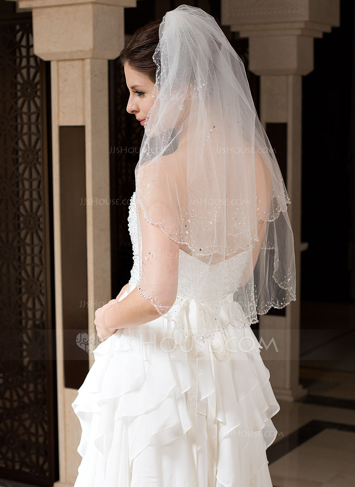 Two-tier Elbow Bridal Veils With Beaded Edge (006034327) - JJ's House